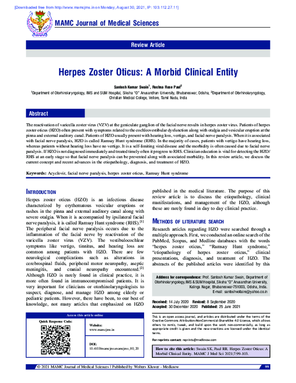 (PDF) Herpes Zoster Oticus: A Morbid Clinical Entity