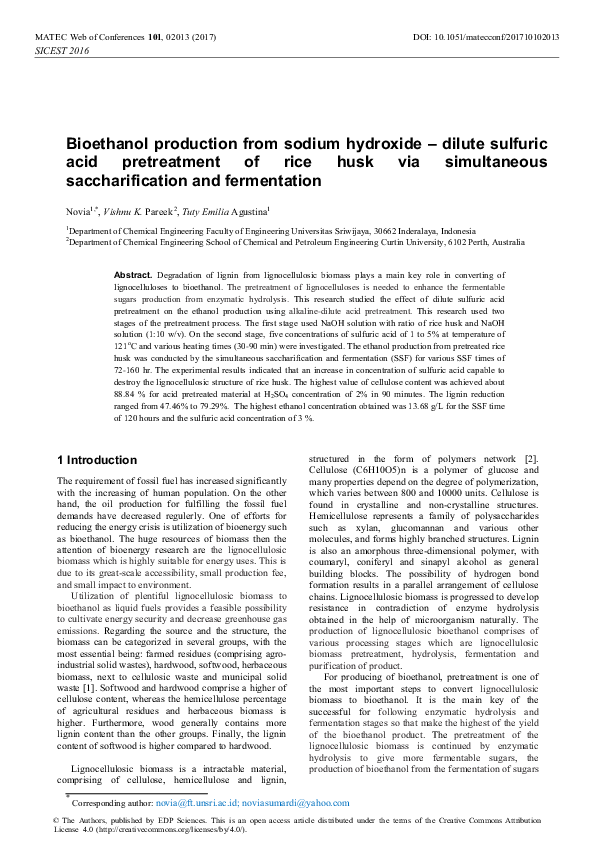 (PDF) Bioethanol production from sodium hydroxide – dilute sulfuric acid pretreatment of rice ...