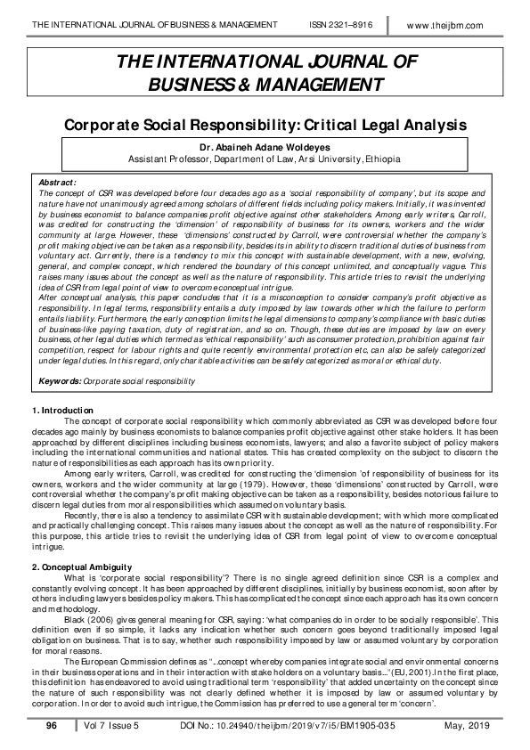 (PDF) Corporate Social Responsibility: Critical Legal Analysis