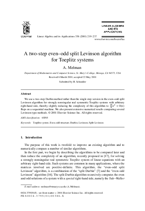 (PDF) A two-step even–odd split Levinson algorithm for Toeplitz systems