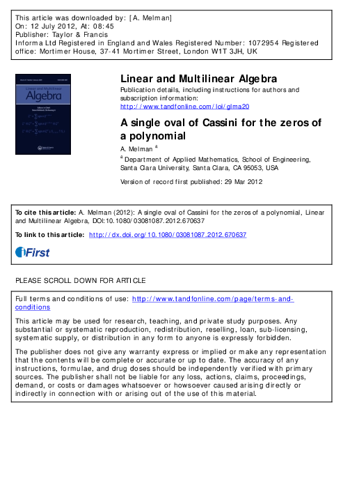 (PDF) A single oval of Cassini for the zeros of a polynomial