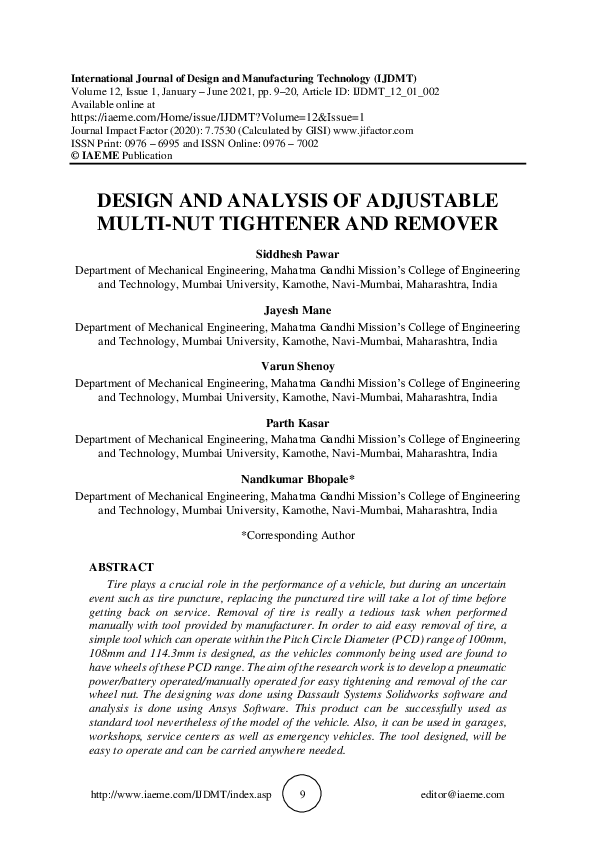 (PDF) DESIGN AND ANALYSIS OF ADJUSTABLE MULTI-NUT TIGHTENER AND REMOVER