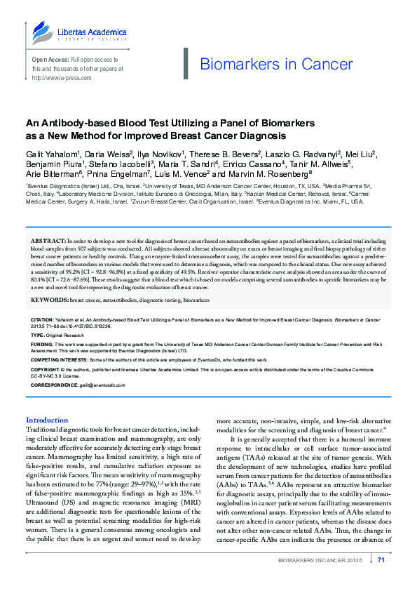 (PDF) An Antibody-based Blood Test Utilizing a Panel of Biomarkers as a ...
