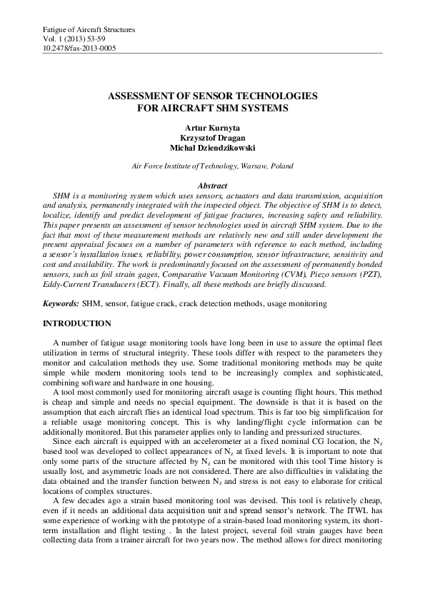 (PDF) Assessment of Sensor Technologies for Aircraft SHM Systems