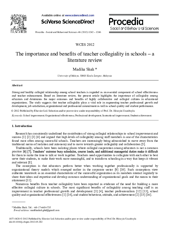 (PDF) The Importance and Benefits of Teacher Collegiality in Schools ...