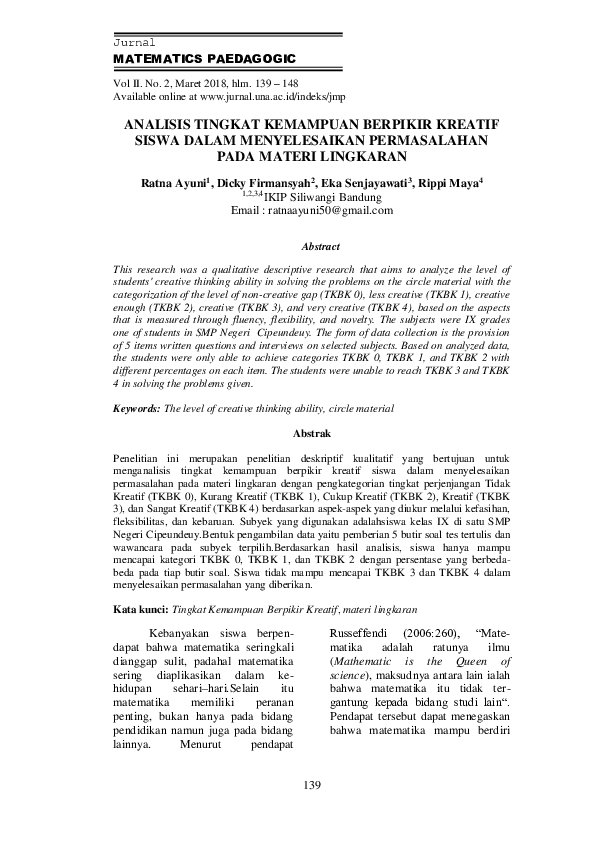 (PDF) Analisis Tingkat Kemampuan Berpikir Kreatif Siswa Dalam Menyelesaikan Permasalahan Pada ...