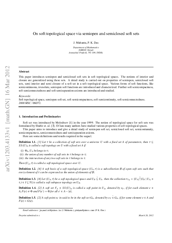 (PDF) On Soft Topological Space via Semiopen and Semiclosed Soft Sets