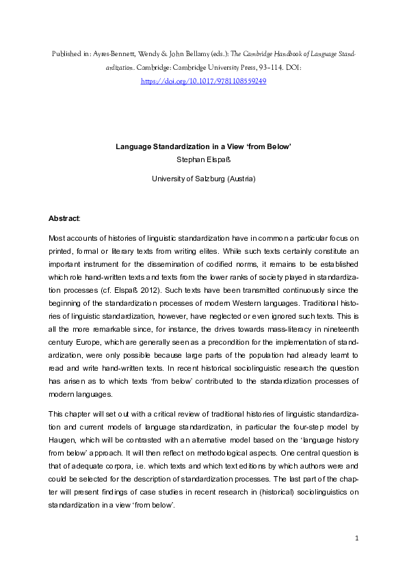 (PDF) Language Standardization in a View 'from Below'