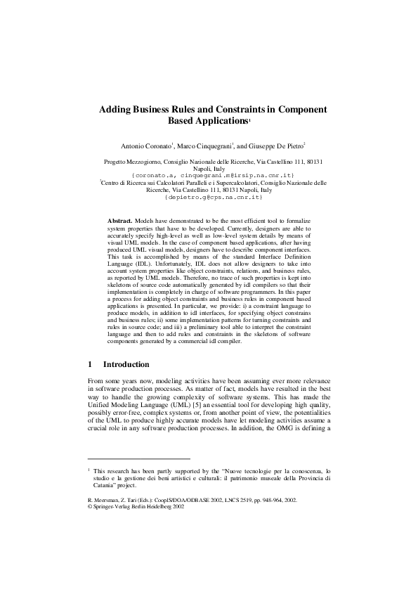 (PDF) Adding Business Rules and Constraints in Component Based Applications | Antonio Coronato ...