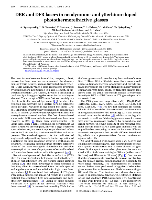 (PDF) DBR and DFB lasers in Nd and Yb doped photo-thermo-refractive glasses