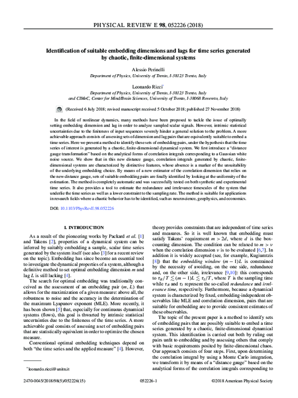(PDF) Identification of suitable embedding dimensions and lags for time series generated by ...