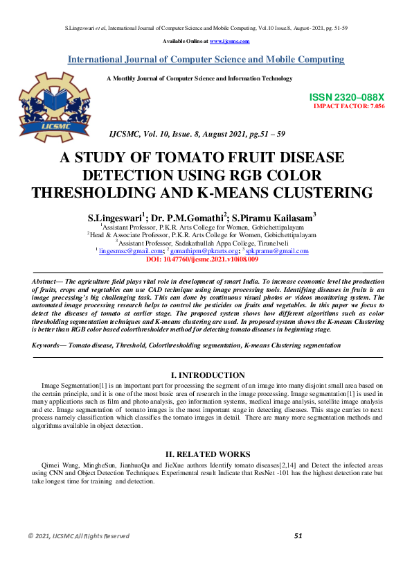 (PDF) A STUDY OF TOMATO FRUIT DISEASE DETECTION USING RGB COLOR THRESHOLDING AND K-MEANS CLUSTERING﻿