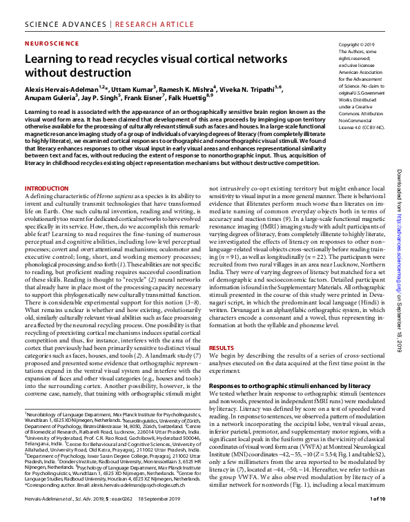 (PDF) Learning to read recycles visual cortical networks without destruction