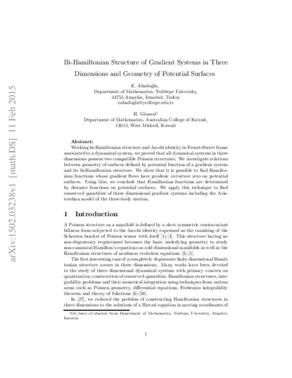 (PDF) Bi-Hamiltonian Structure of Gradient Systems in Three Dimensions and Geometry of Potential ...