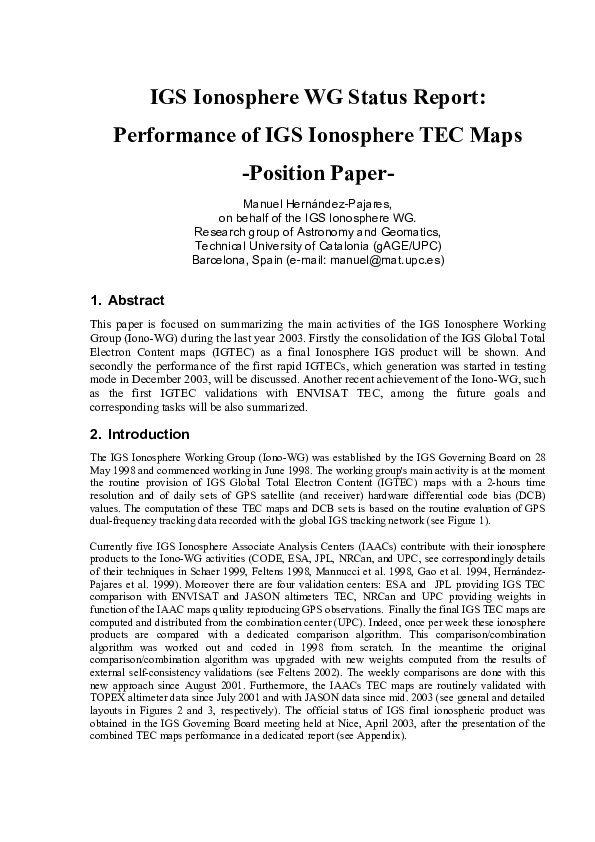 (PDF) IGS Ionosphere WG Status Report: Performance of IGS Ionosphere ...