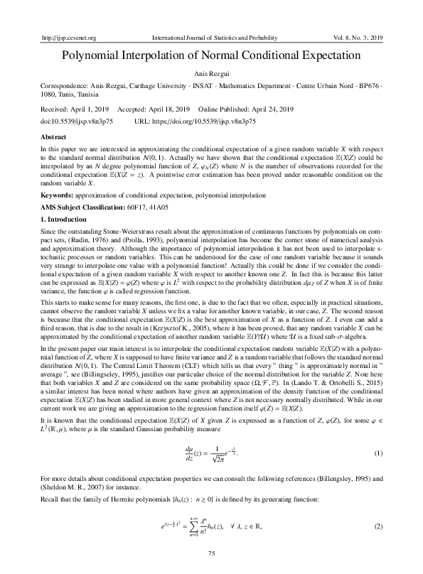 (PDF) Polynomial Interpolation of Normal Conditional Expectation