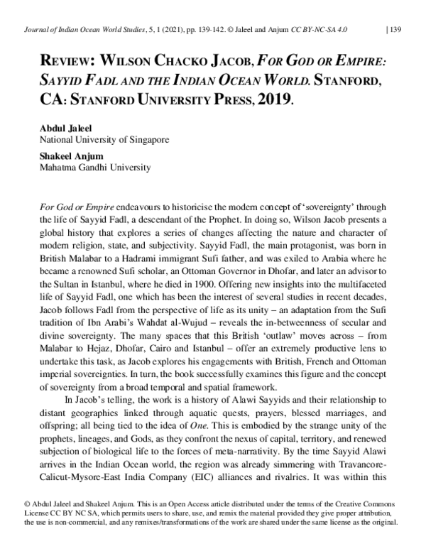 (PDF) REVIEW: WILSON CHACKO JACOB, FOR GOD OR EMPIRE: SAYYID FADL AND ...
