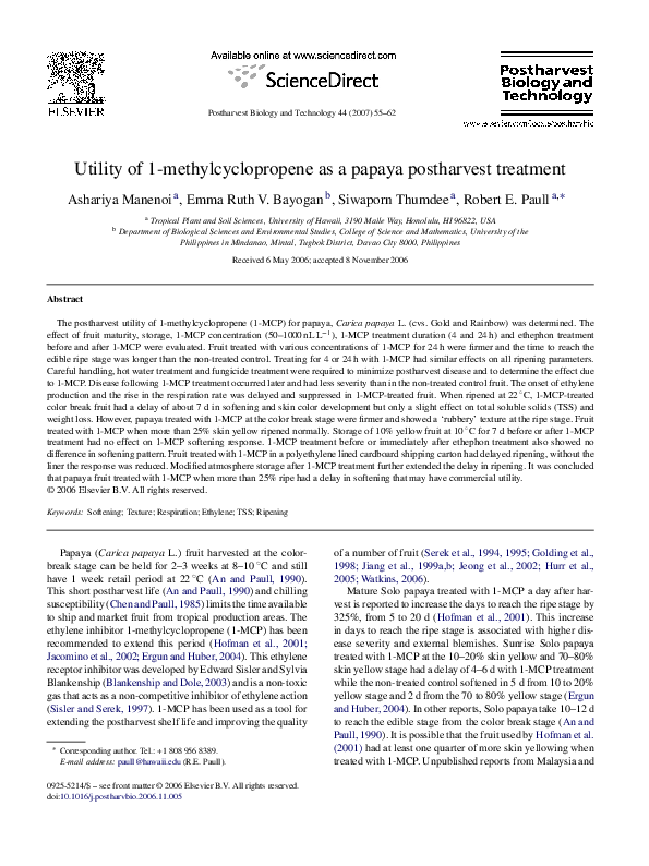 (PDF) Utility of 1-methylcyclopropene as a papaya postharvest treatment | Robert Paull ...