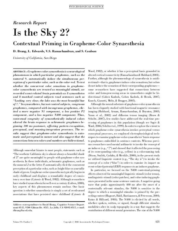 (PDF) Is the Sky 2? Contextual Priming in Grapheme-Color Synaesthesia