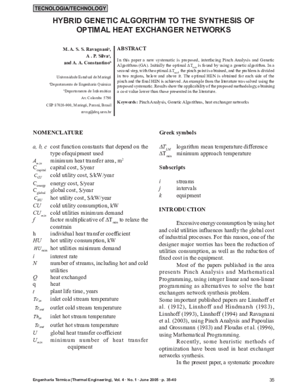 (PDF) Hybrid Genetic Algorithm to the Synthesis of Optimal Heat Exchanger Networks