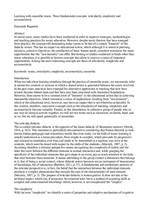 (PDF) Learning with ensemble music. Three fundamental concepts: reticularity, simplexity and ...