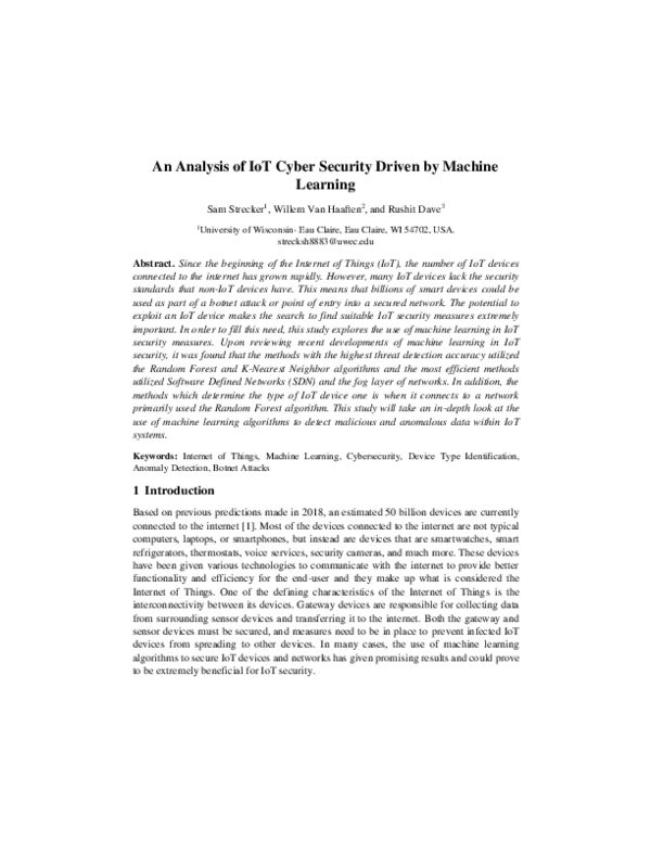 Pdf An Analysis Of Iot Cyber Security Driven By Machine Learning