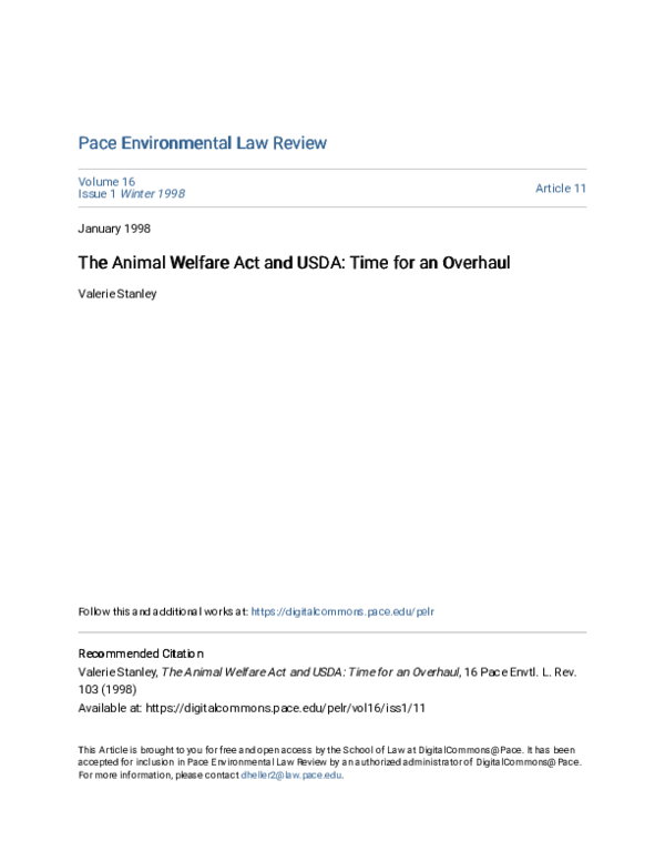 (PDF) Animal Welfare Act and USDA: Time for an Overhaul, The