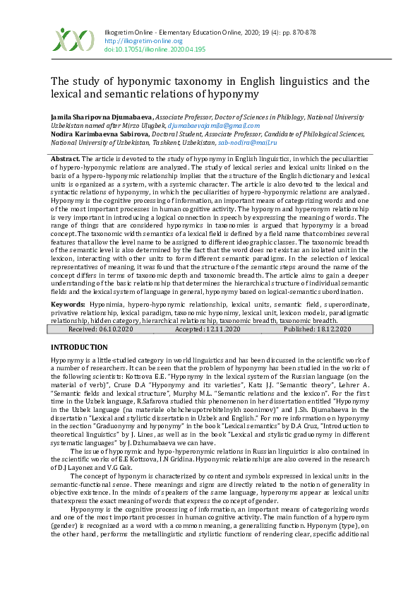(PDF) The study of hyponymic taxonomy in English linguistics and the lexical and semantic ...