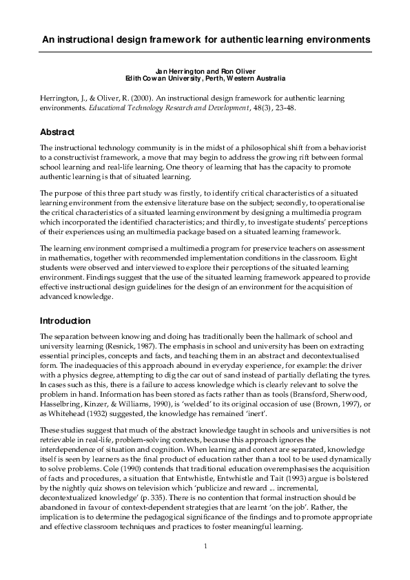 (PDF) An instructional design framework for authentic learning environments