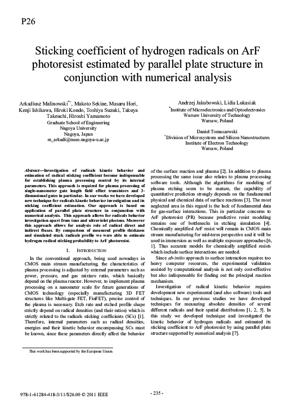 (PDF) Sticking coefficient of hydrogen radicals on ArF photoresist ...