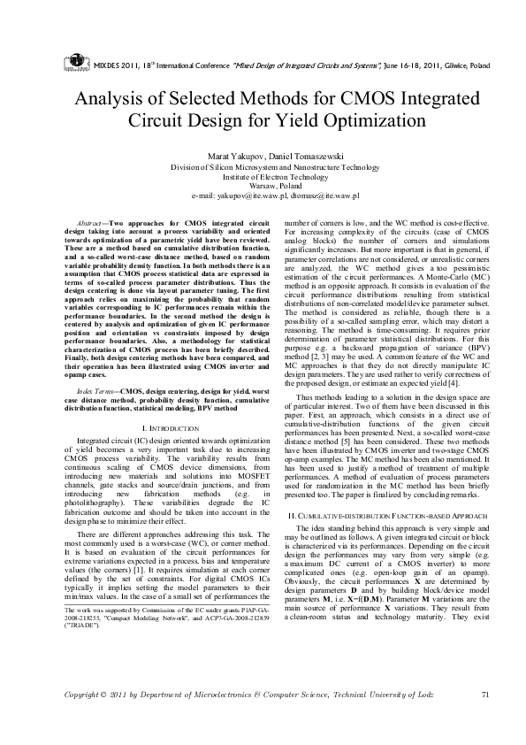 (PDF) Analysis of selected methods for CMOS integrated circuit design for yield optimization