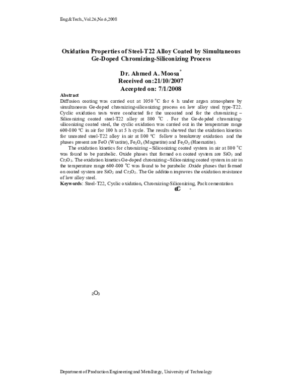 (PDF) Oxidation Properties of Steel-T22 Alloy Coated by Simultaneous Ge ...