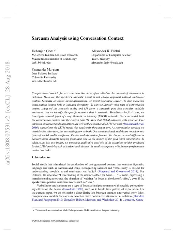 (PDF) Sarcasm Analysis Using Conversation Context