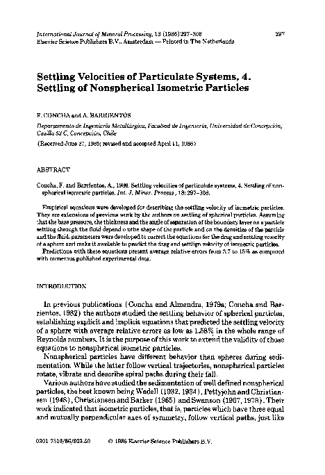 Pdf Settling Velocities Of Particulate Systems 4 Settling Of Nonspherical Isometric Particles