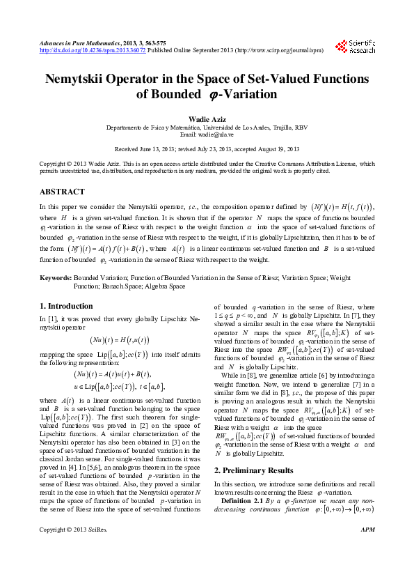 (PDF) Nemytskii Operator in the Space of Set-Valued Functions of Bounded φ -Variation