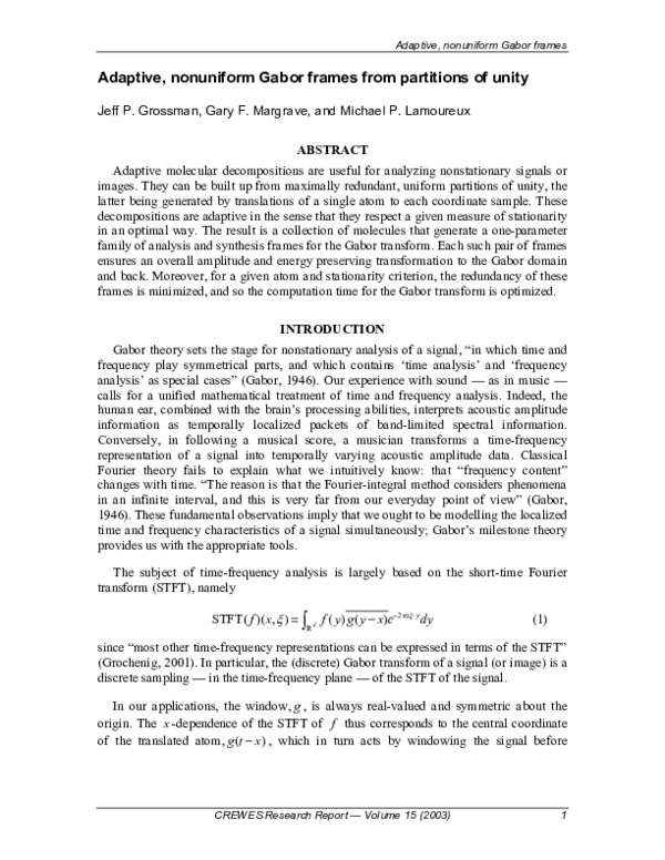(PDF) Adaptive, nonuniform Gabor frames from partitions of unity