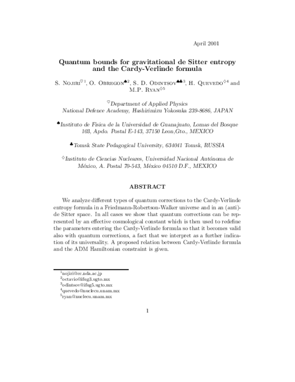(PDF) Quantum Bounds for Gravitational De Sitter Entropy and the Cardy ...