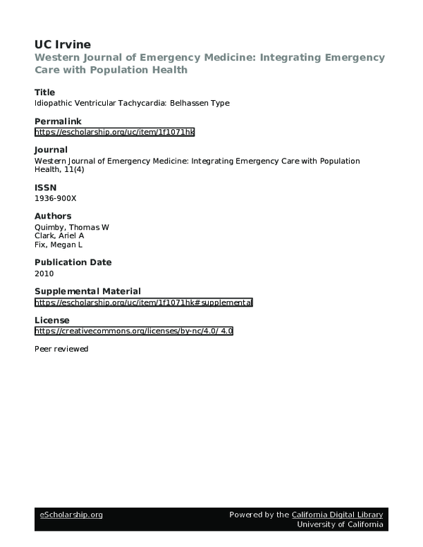 (PDF) Idiopathic ventricular tachycardia: belhassen type