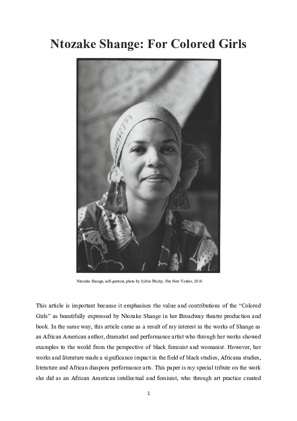 (DOC) Ntozake Shange: For Colored Girls
