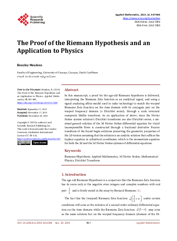 (PDF) The Proof of the Riemann Hypothesis and an Application to Physics
