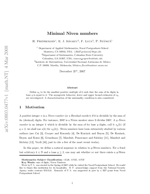 (PDF) Minimal Niven numbers
