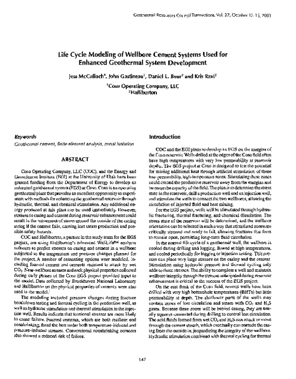 (PDF) Life Cycle Modeling of Wellbore Cement Systems Used for Enhanced Geothermal System Development