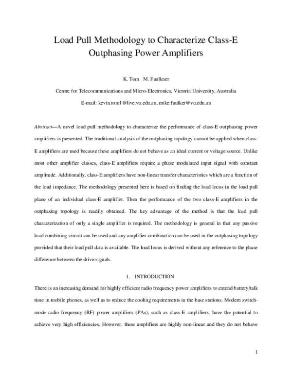 (PDF) Load pull methodology to characterise class-E outphasing power amplifiers