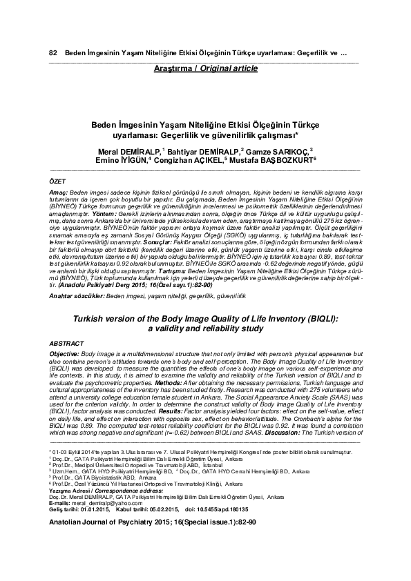 (PDF) Turkish version of the Body Image Quality of Life Inventory ...