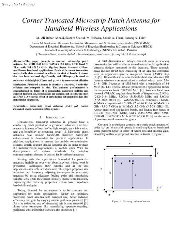 (PDF) Corner Truncated Microstrip Patch Antenna for Handheld Wireless ...
