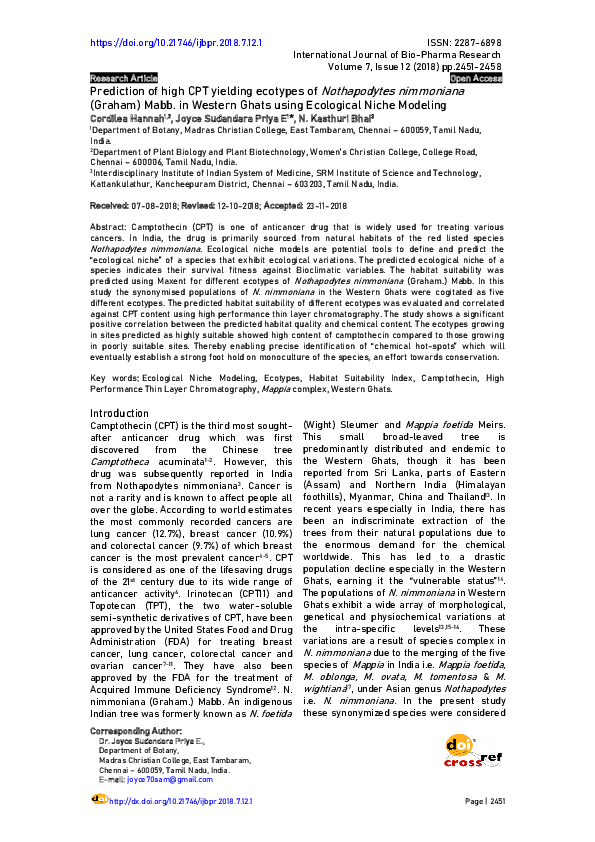 (PDF) Prediction of high CPT yielding ecotypes of Nothapodytes ...