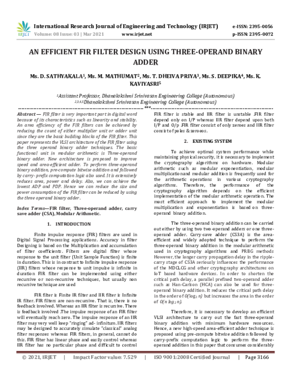 (PDF) IRJET- AN EFFICIENT FIR FILTER DESIGN USING THREE-OPERAND BINARY ...