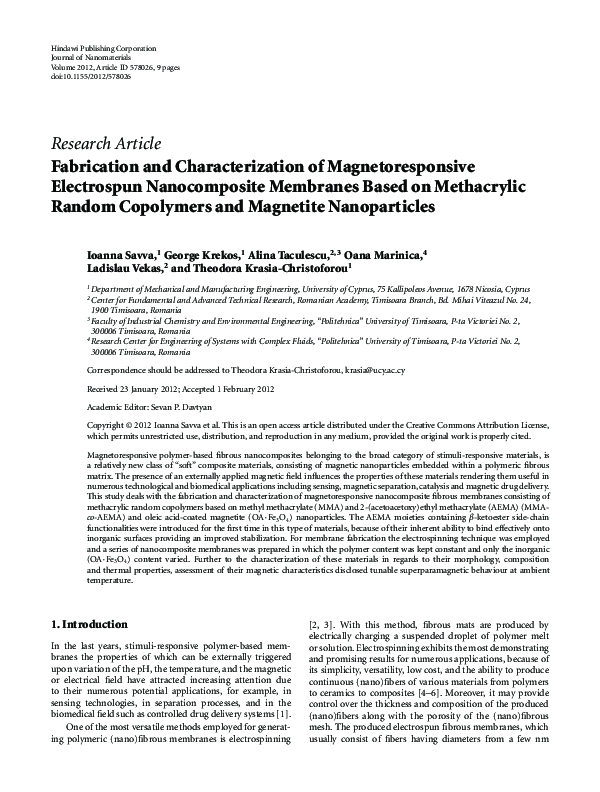 (PDF) Fabrication and Characterization of Magnetoresponsive Electrospun Nanocomposite Membranes ...