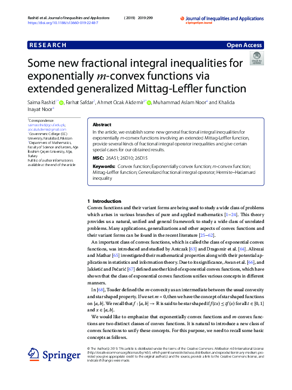 Pdf Some New Fractional Integral Inequalities For Exponentially M Convex Functions Via