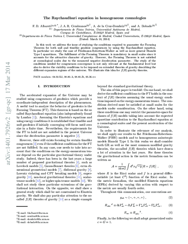 (PDF) The Raychaudhuri equation in homogeneous cosmologies